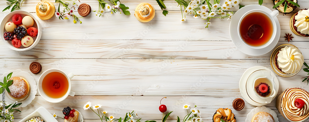 Tea and assorted sweet desserts Mother's Day border background against ...