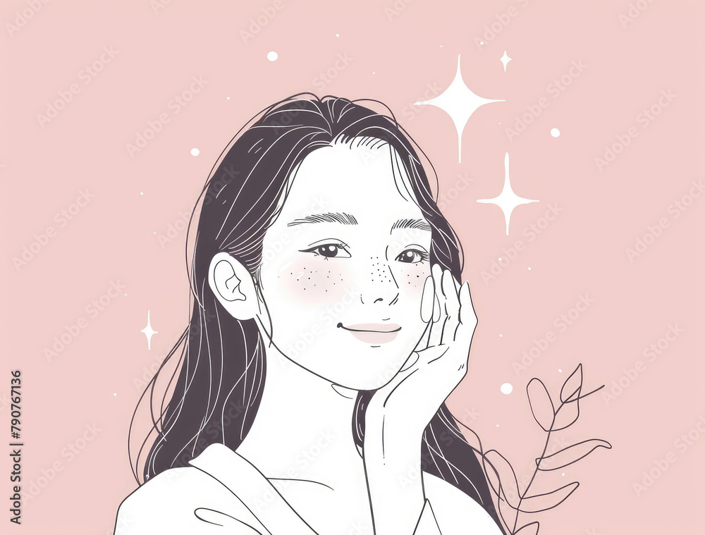 A simple line drawing of an Asian woman smiling and looking at her face ...