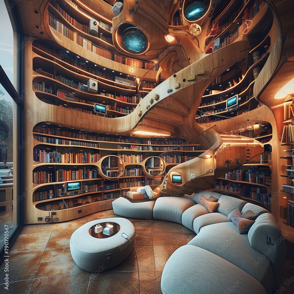 An artistic futuristic bookshelf spiraling upwards, each shelf equipped ...