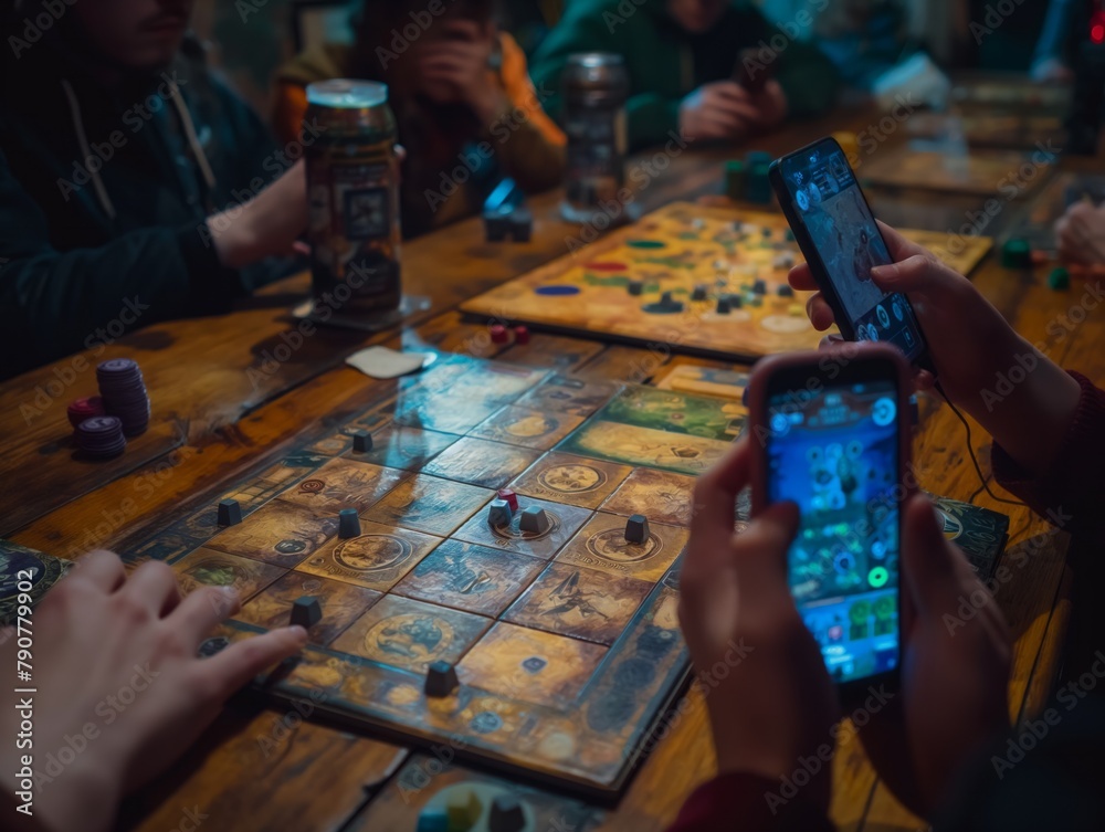 A group of people are playing a board game while holding their cell ...