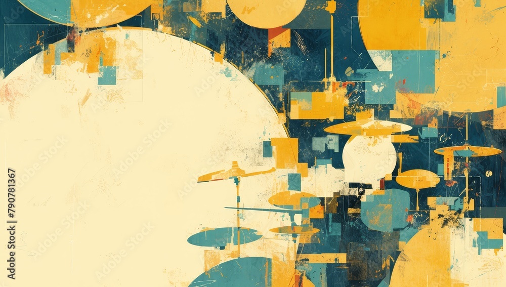 Abstract collage of vintage drum set with textured elements and retro ...