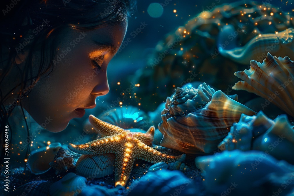Starry Seashell Treasure scene, mermaid discovering a glowing starfish ...