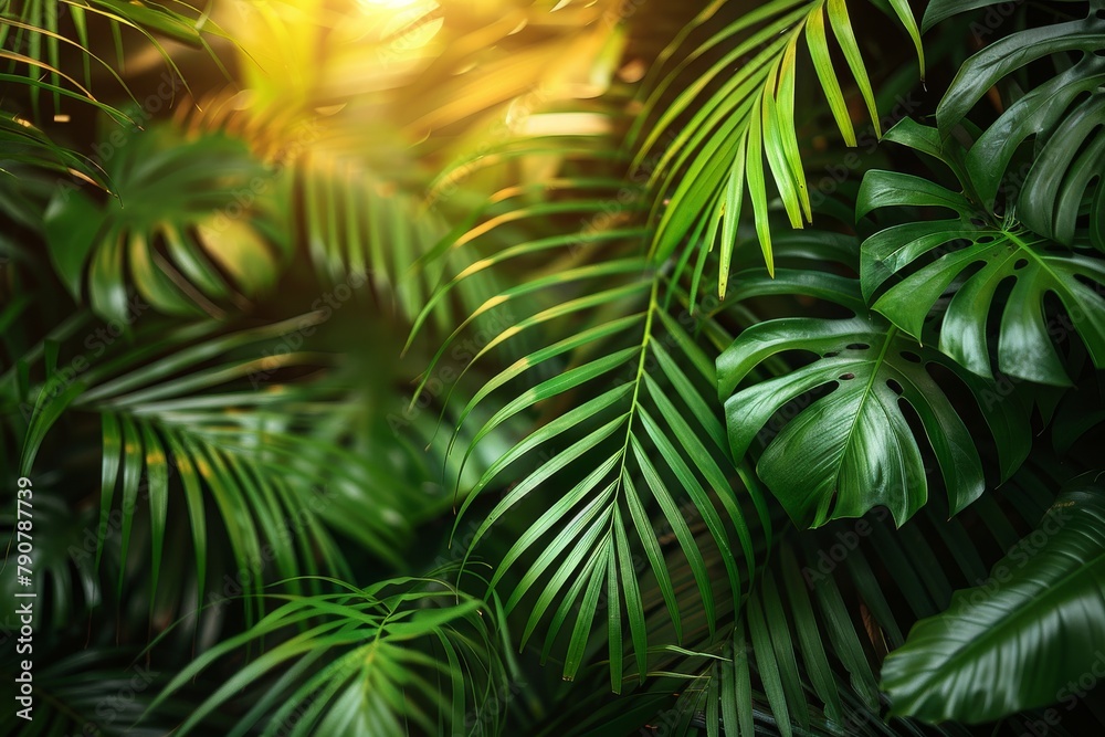 Dense, vibrant greenery of tropical plants with sunlight filtering ...