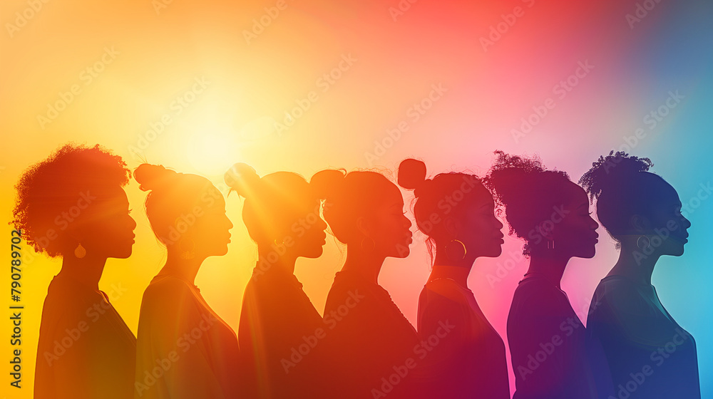 woman solidarity with people holding hands in the evening sun in ...