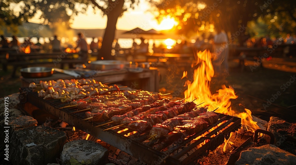 Golden Hour Feast: Spit-Roast Pig Over Fire, generative ai Stock ...