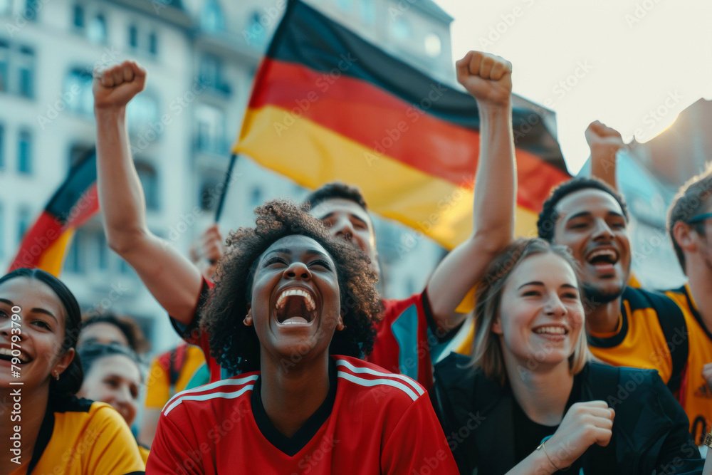 Jubilant Fans Cheering, Multicultural Celebration with German Flag ...