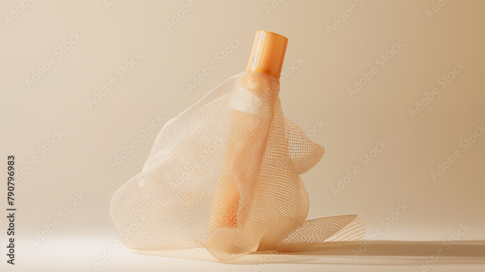 Minimalist cosmetic bottle enshrouded in a translucent mesh against a ...