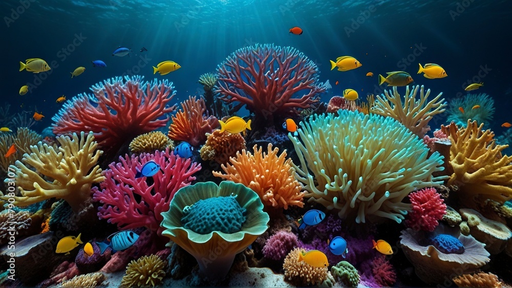 Bursting with vibrant life, a resplendent coral reef shines with a ...