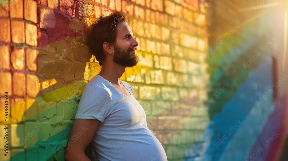 Happy pregnant transgender man standing against rainbow brick wall ...