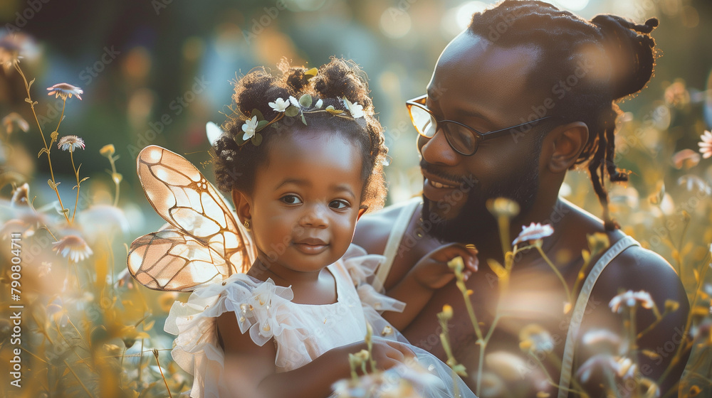 Black father & daughter in fancy dress as fairy princesses. African ...