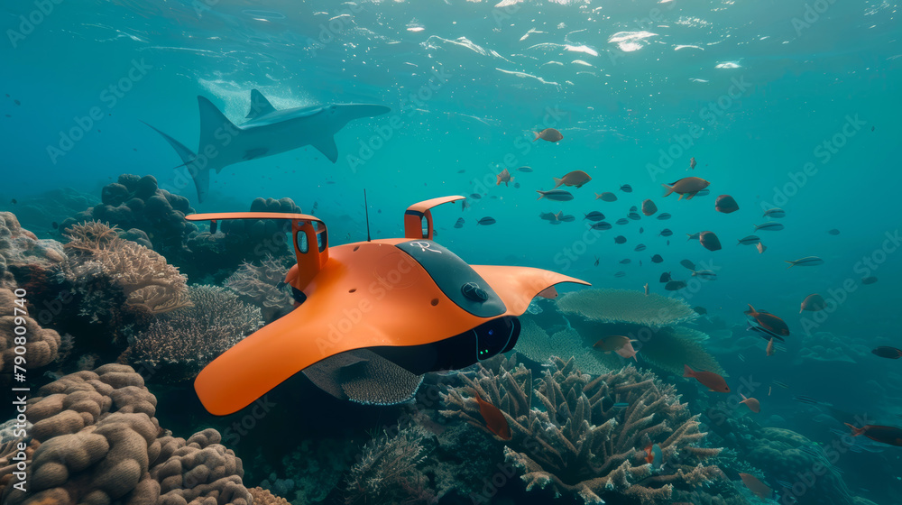 An autonomous underwater vehicle surveys a coral reef teeming with ...