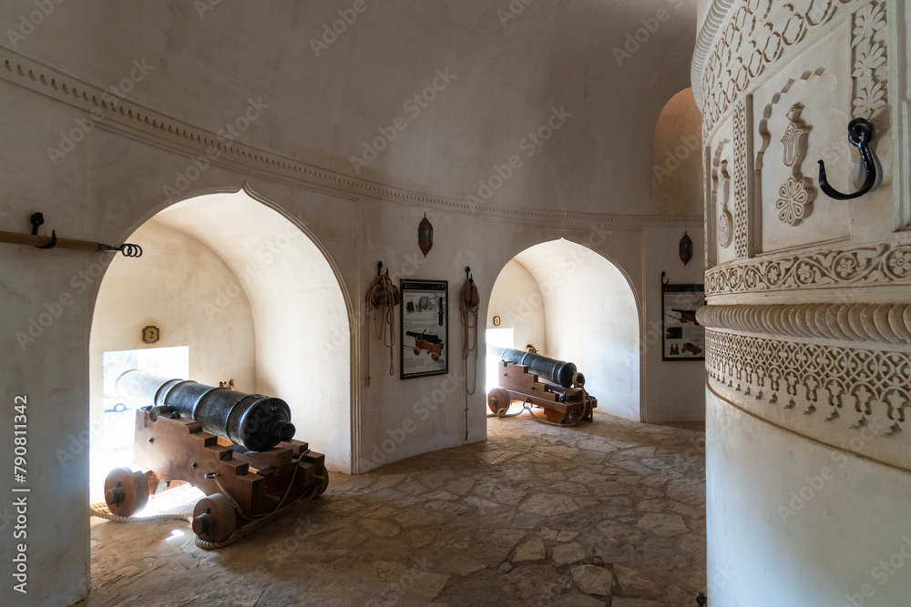 Rustaq, Oman - February 14 2023: cast-iron ancient cannon are displayed ...