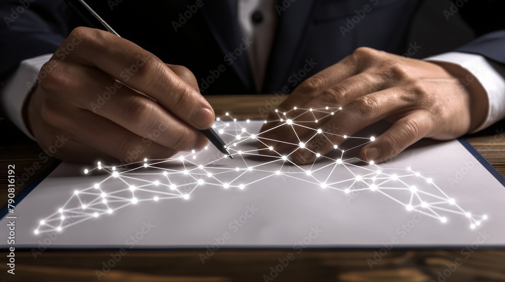 Communication network concept, businessman writing on white paper with ...