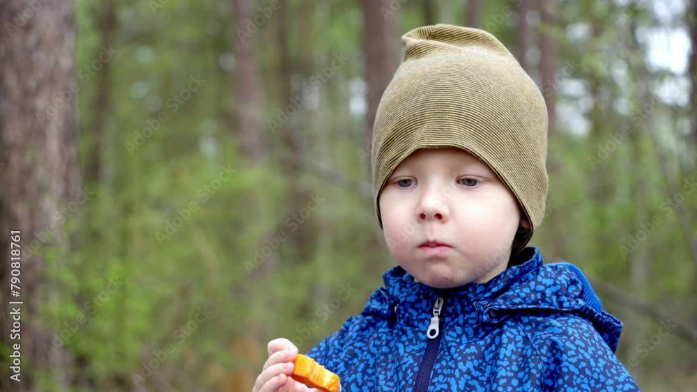 Portrait of a cute boy chewing fresh carrots in the forest during a ...
