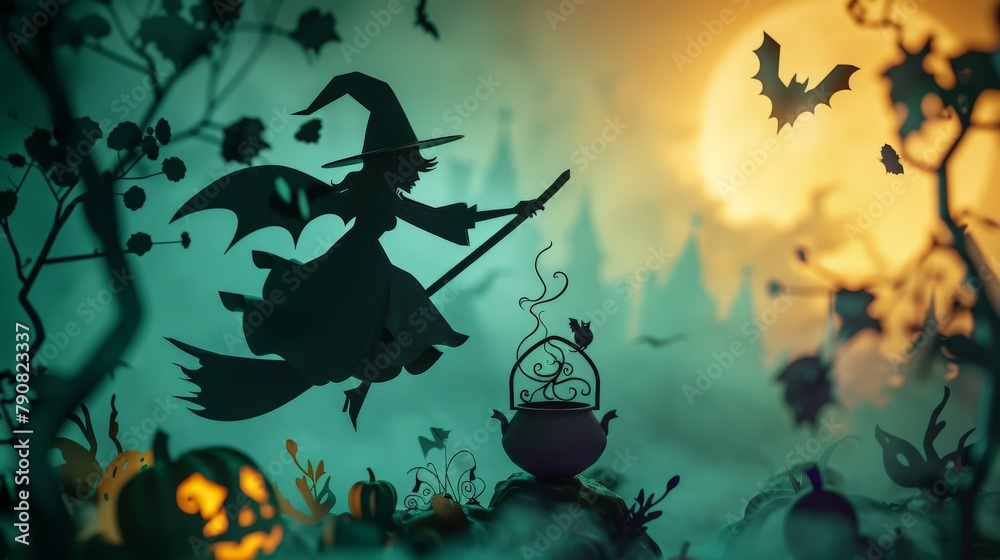 A playful papercut design of a witch flying on a broomstick, holding a ...