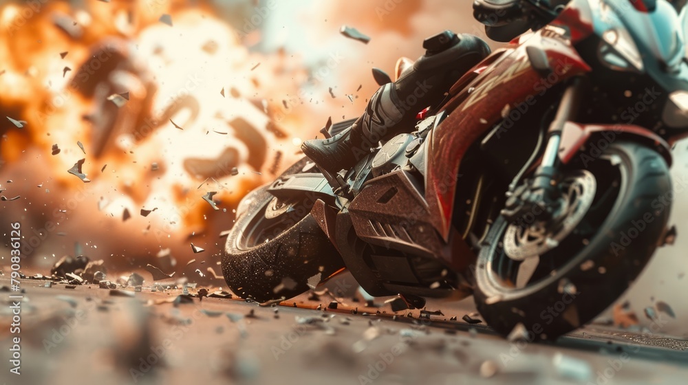 A motorcycle skidding on an asphalt road amidst a fiery explosion and ...