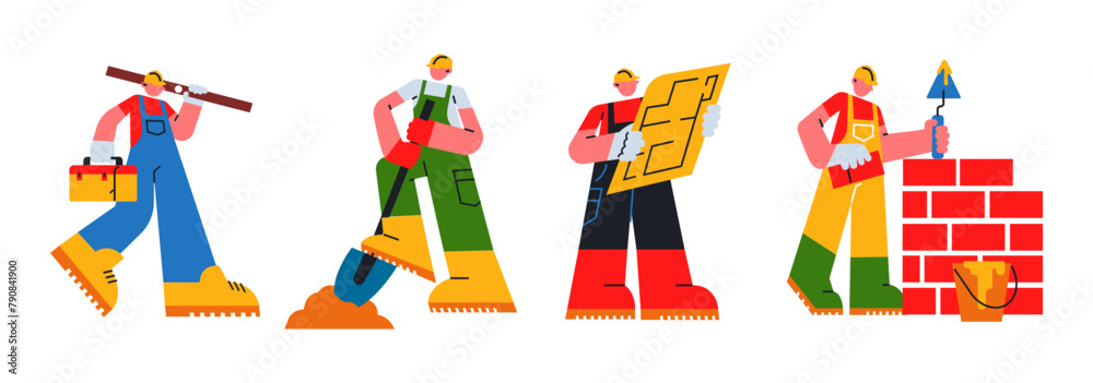 Characters builders workers in helmets. Cartoon repair service workers ...