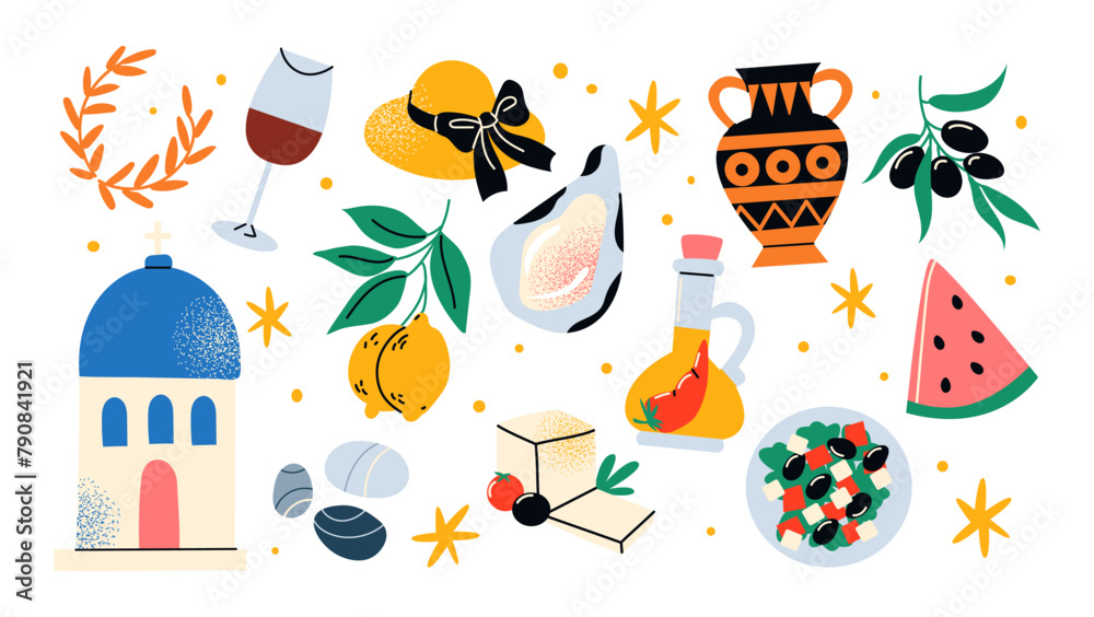 Cartoon Greece stickers. Greek traditional elements, food, olives, wine ...