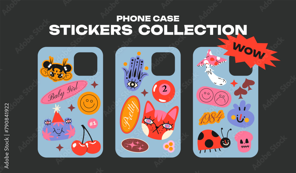 Cartoon groovy retro stickers for your phone case in 90s style. Trendy ...