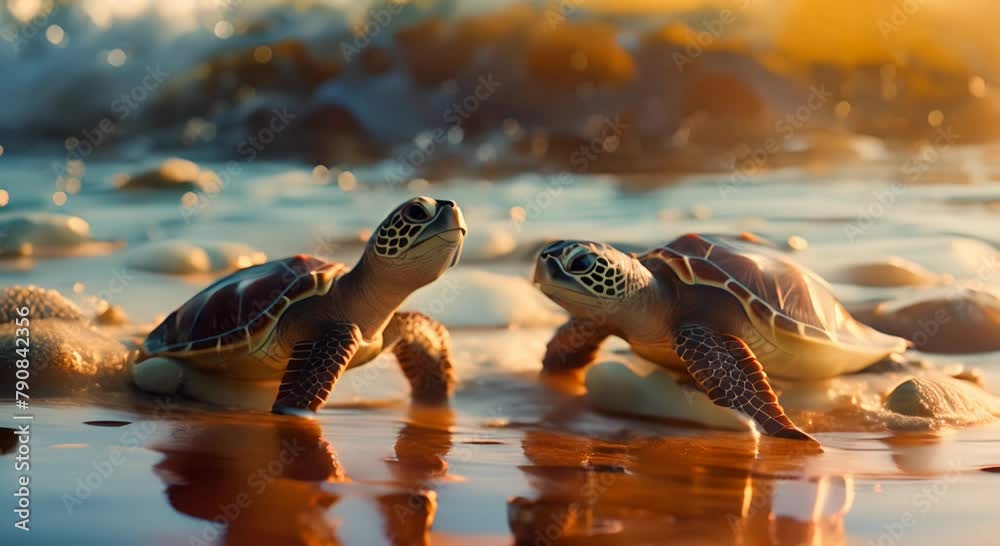 Two Sea turtles crawling down sand beach toward sea water summer ...