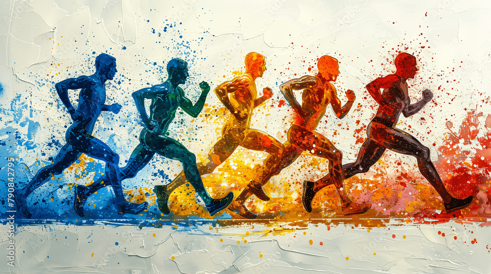 color illustration of the Olympic Games, athletes running to the finish ...