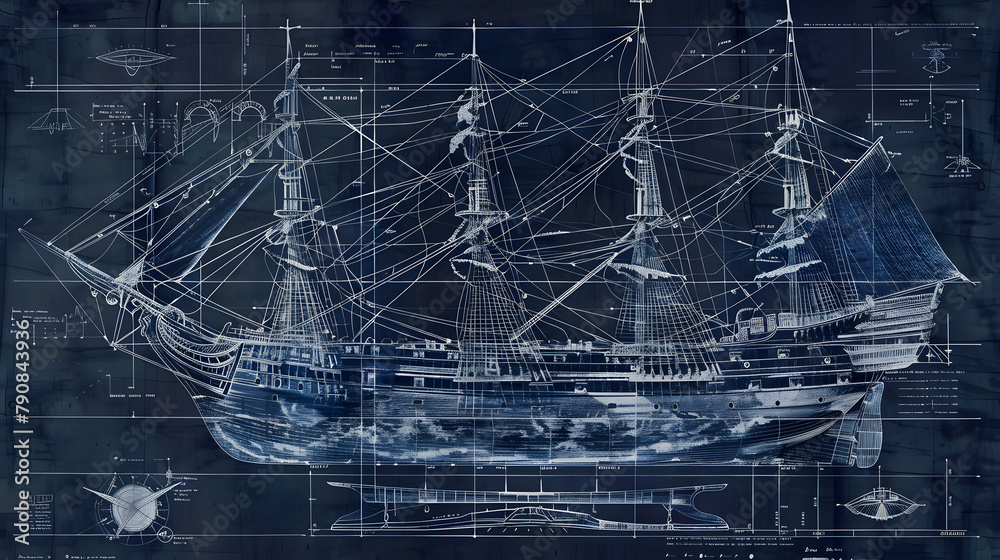 Nautical Ship Blueprint in Cyanotype Style Technical Drawing of ...