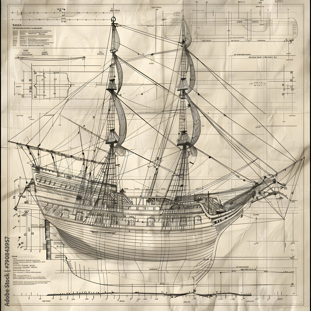 Nautical Ship Blueprint in Cyanotype Style Technical Drawing of ...