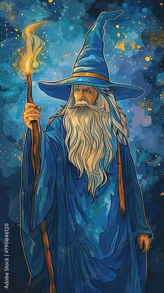 Fairy Tales: A coloring book page featuring a wise old wizard with a ...