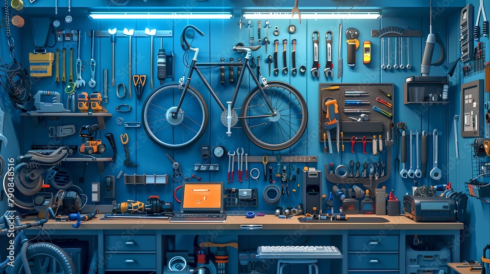 Well-Organized Workspace with Tools and Bike. Perfect Workshop ...
