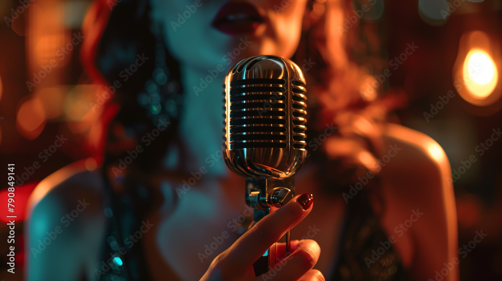 Vintage Microphone and Singer's Silhouette. Close-up of a vintage ...