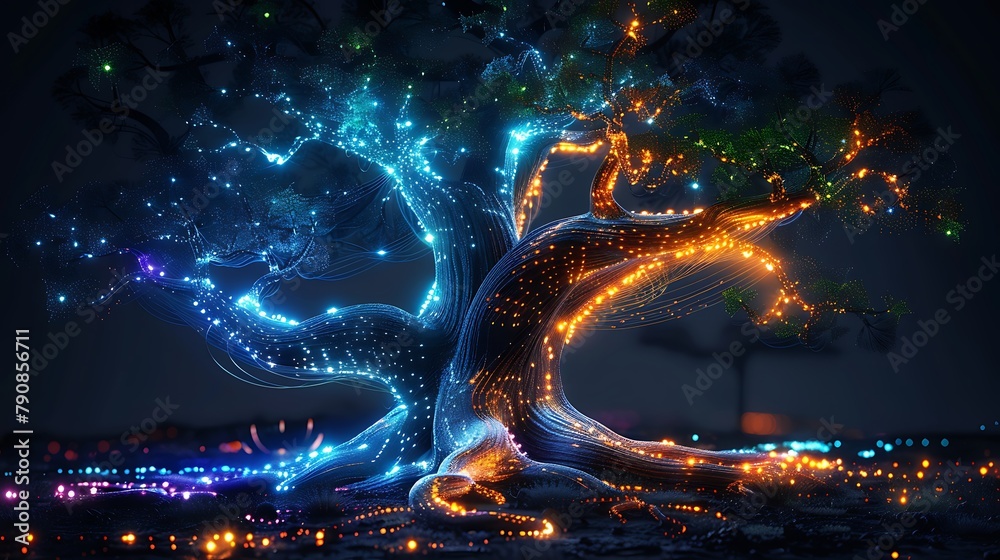 Oak Nature Tree Plexus Neon Black Background Digital Desktop Wallpaper ...