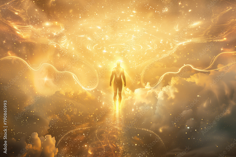 serene presence of a human body surrounded by the radiant energy of an ...