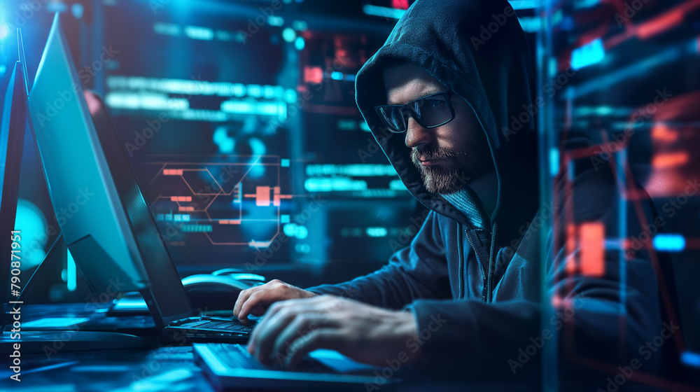 Hacker in hat, man with hidden face, accesses personal information on laptop in the dark ...