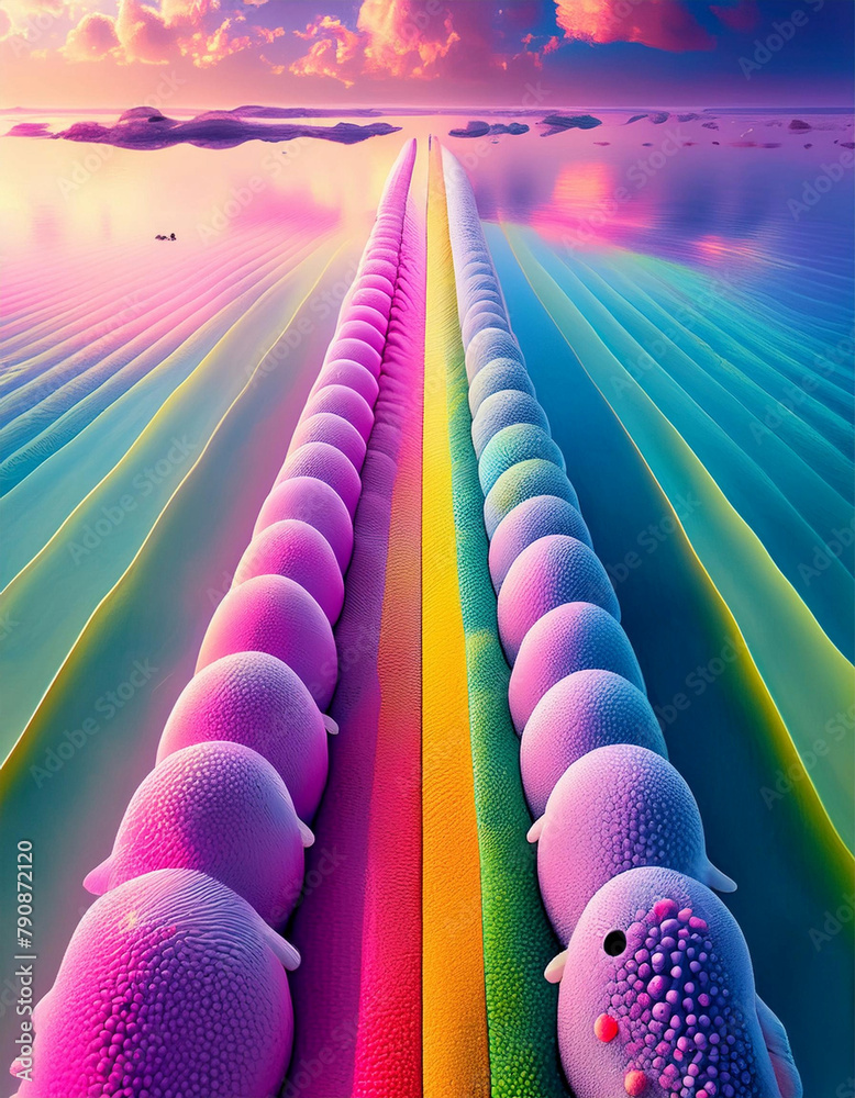 Illustration of a rainbow-colored surface path on the water surface ...