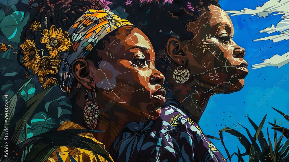 African-American women in a colorful clothes, banner for black history ...