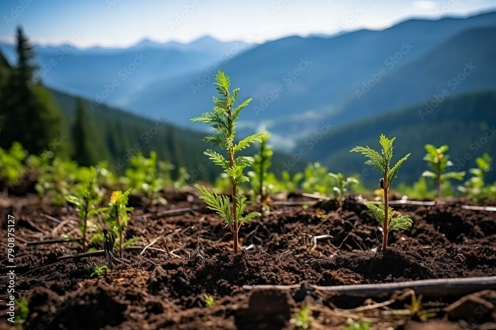 Planting new trees. planting new trees in an open area of a mountain ...