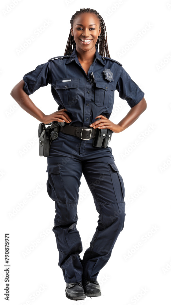 Full body photo of a smiling black female police officer, isolated on ...