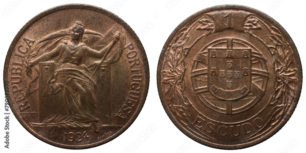 Portuguese 1 Escudo aluminium bronze coin. On the obverse the bust of ...