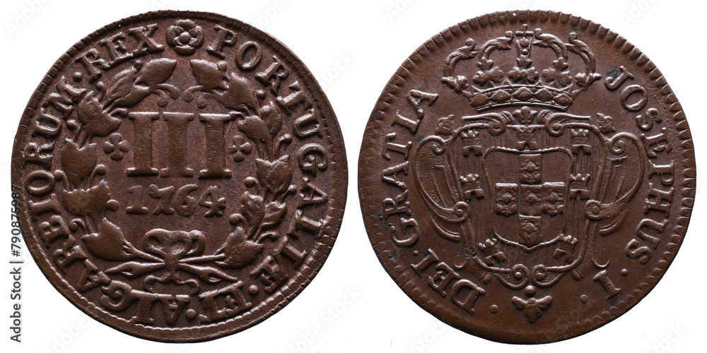 Obverse and reverse of a Portuguese coin of III réis in copper from ...