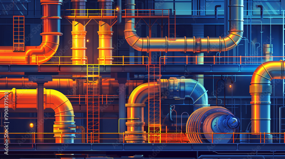 Set of factory or industrial buildings, power plant being built in flat ...