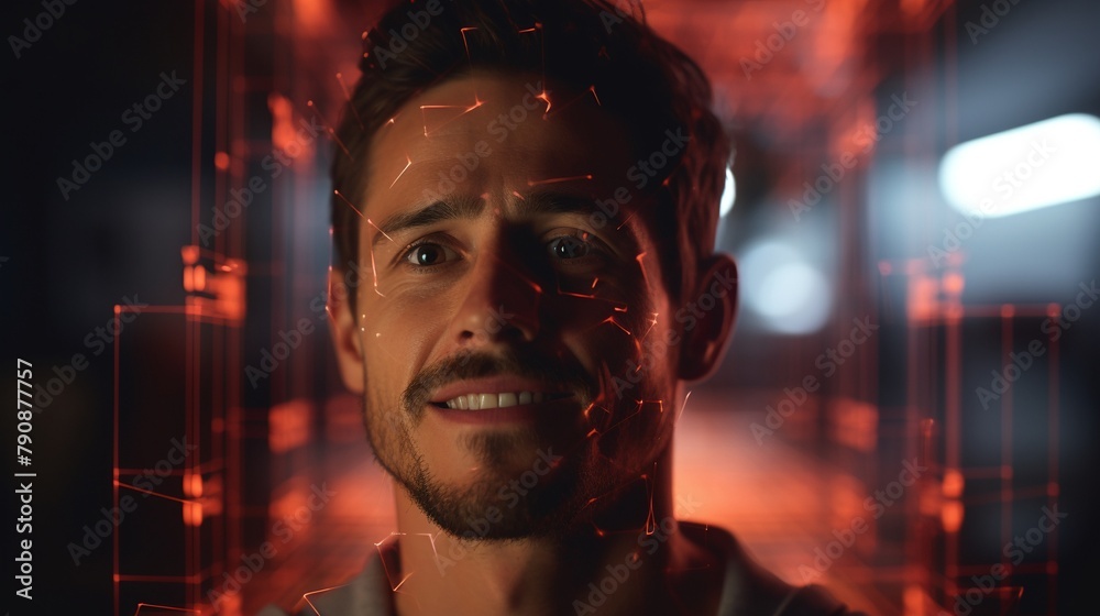 Closeup of a 3D scanning process capturing human facial expressions ...