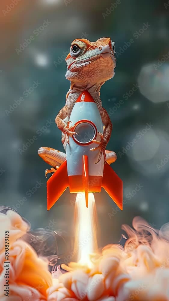 A frog is holding a rocket in its mouth and is flying through the air ...