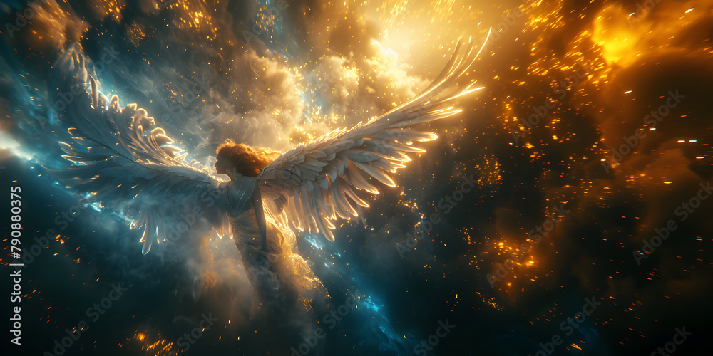 Angel mythology, a beautiful protecting angel spreading wings. Dramatic ...