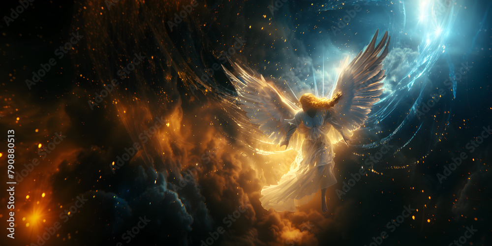 Angel mythology, a beautiful protecting angel spreading wings. Dramatic ...