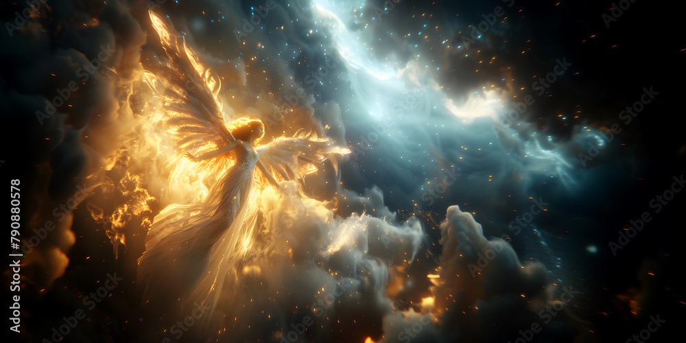 Angel mythology, a beautiful protecting angel spreading wings. Dramatic ...