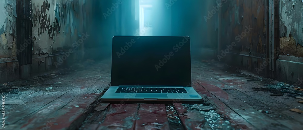 Mysterious Laptop Awaits in an Abandoned Corridor. Concept Abandoned ...