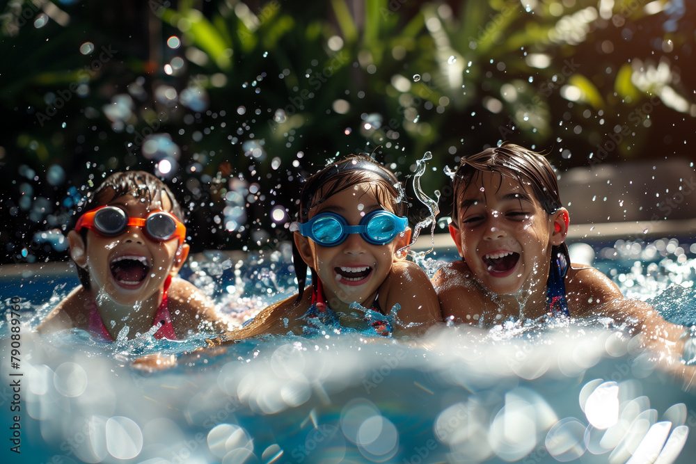 Happy kids in swimming pool having fun and splashing water on summer ...
