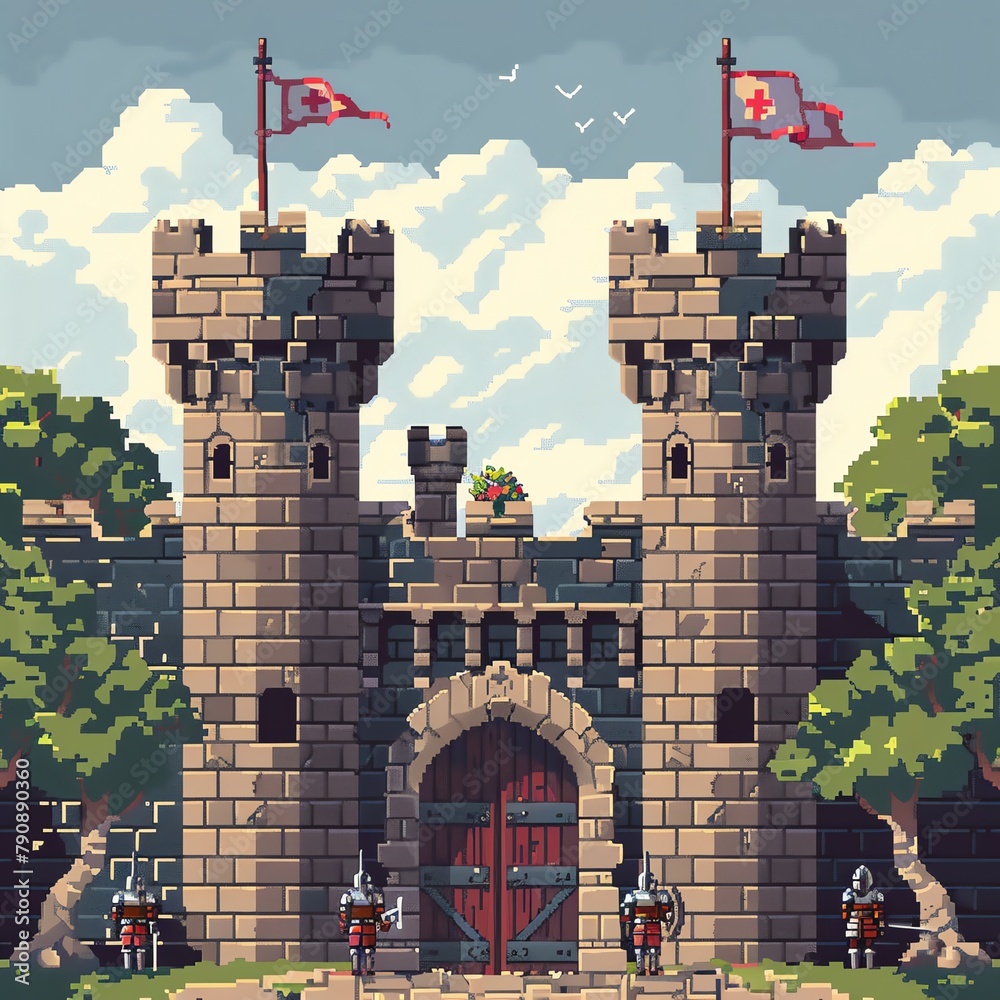 A historic pixel art castle with guards and a drawbridge. Stock ...