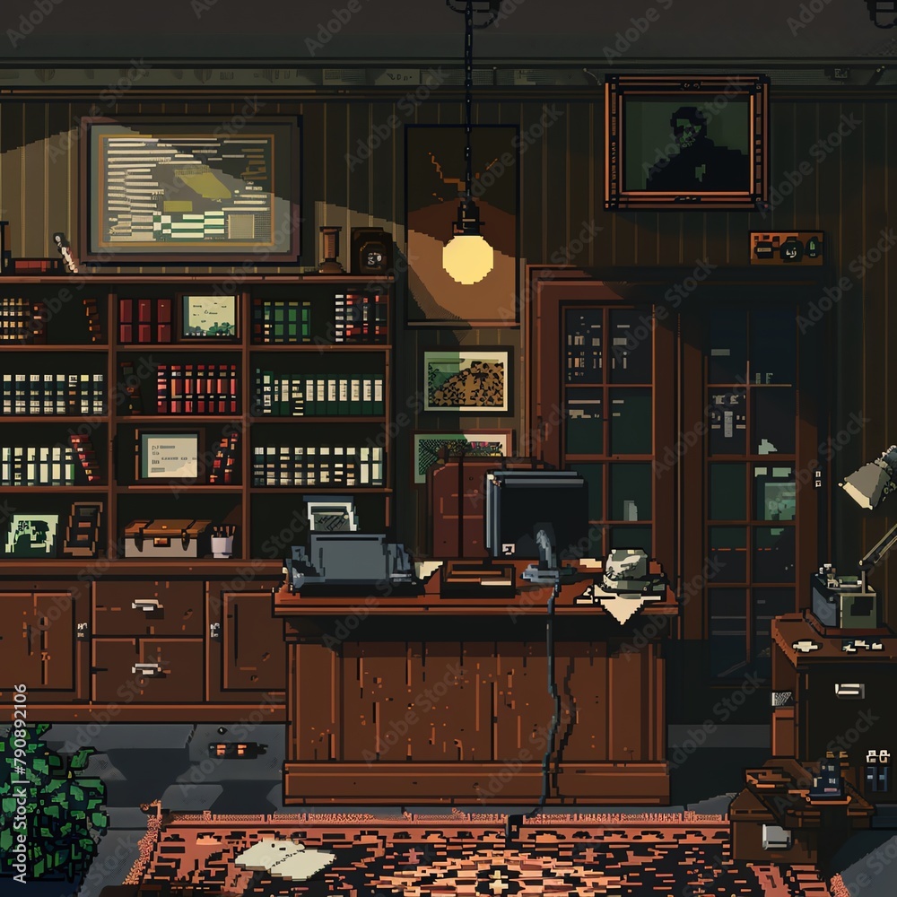 An 8-bit style detective office with clues and a mysterious figure ...