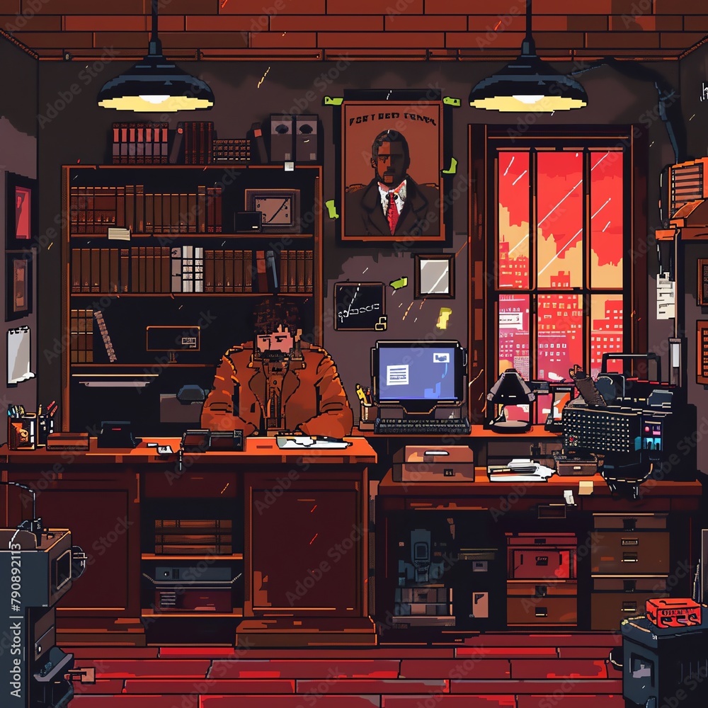 An 8-bit style detective office with clues and a mysterious figure ...